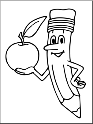 Clip Art: Cartoon Pencil w/ Apple B&W – Abcteach
