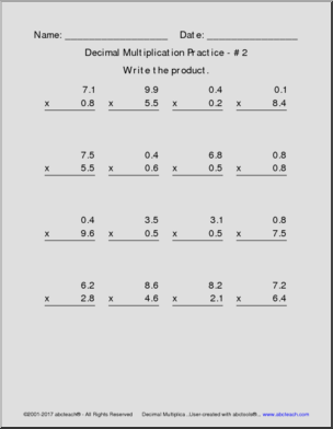 Decimal Multiplication Practice Pack (includes negative integers ...