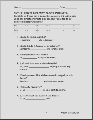 Spanish: Pronombres de Objeto Directo – PrÂ·ctica 1 (secundaria) – Abcteach