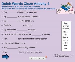 Reading Comprehension Dolch Words Cloze Activity 4′ Interactive ...