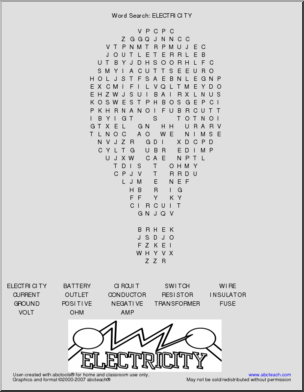 Word Search: Electricity (medium) – Abcteach