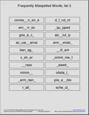 Frequently Misspelled Words (list 3) Missing Letters – Abcteach