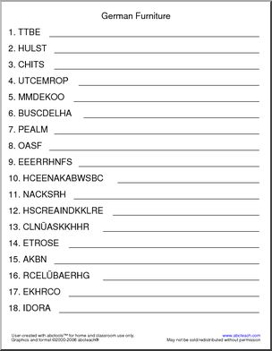 German: Unscramble the Words – Furniture – Abcteach
