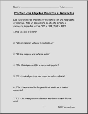 Spanish: Pronombres de Objeto Directo e Indirecto – PrÂ·ctica 1 ...