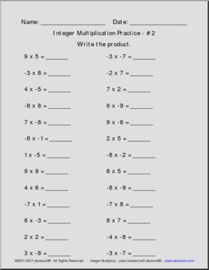 Integer Multiplication Practice Pack (includes negative integers ...