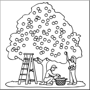 Clip Art: Kids Picking Apples 01a B&W – Abcteach
