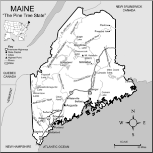Clip Art: US State Maps: Maine Grayscale Detailed – Abcteach