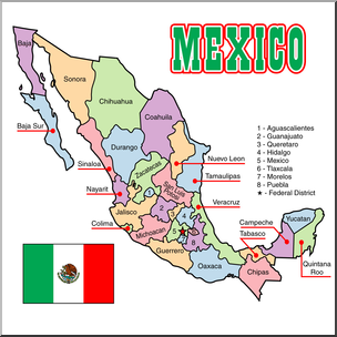 Clip Art: Mexico Map Color Labeled – Abcteach