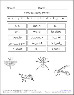 Missing Letters: Insects (easy version) – Abcteach