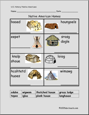 Word Unscramble: Native American Homes (primary/elementary) – Abcteach