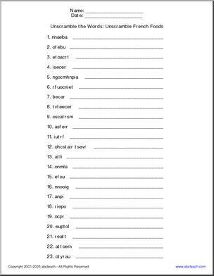 Unscramble the Words: Unscramble French Foods – Abcteach