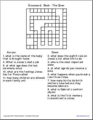Book – The Giver Crossword – Abcteach