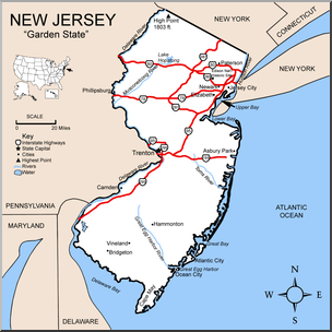 Clip Art: US State Maps: New Jersey Color Detailed – Abcteach