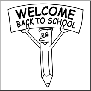 Clip Art: Cartoon Pencil w/ Welcome Back To School Sign B&W – Abcteach