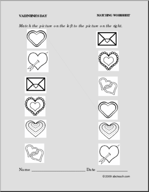 Worksheet: Valentine’s Day – Match Pictures (preschool/primary) – Abcteach