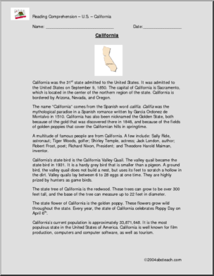 Comprehension: State – California (elementary) – Abcteach