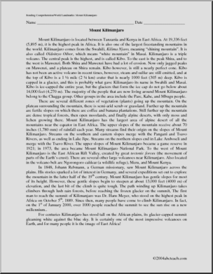 Comprehension: Mount Kilimanjaro (upper elem/middle) – Abcteach