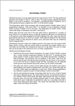 Comprehension: Geothermal Energy (upper elem/middle) – Abcteach
