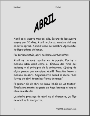 Spanish: ComprensiÃ›n de lectura – Abril (elementaria) – Abcteach