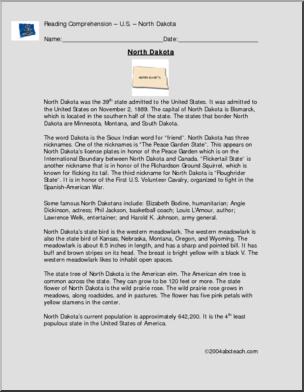Comprehension: State – North Dakota (elementary) – Abcteach