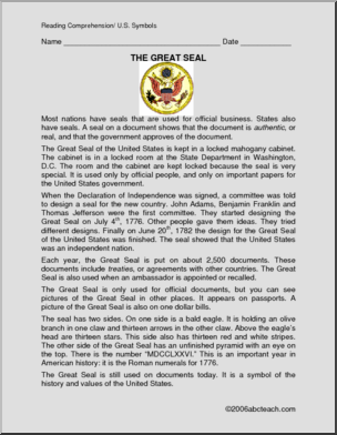 Comprehension: U.S. Symbols – The Great Seal (elementary) – Abcteach