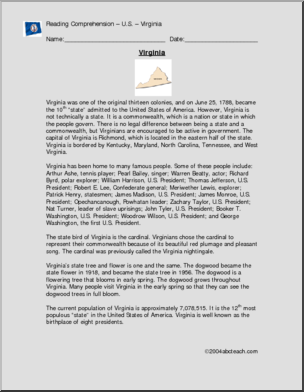 Comprehension: State – Virginia (elementary) – Abcteach