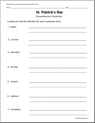 Reading Comprehension: St. Patrick’s Day (upper elem) – Abcteach