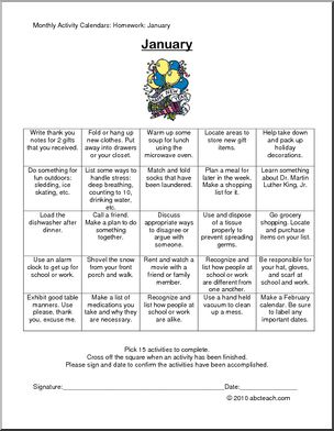 Monthly Activity Calendars: Homework: January (secondary/special needs ...