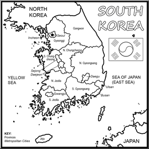 Clip Art: South Korea Map (B&W) Labeled – Abcteach