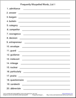 Frequently Misspelled Words (list 1) Spelling Set – Abcteach