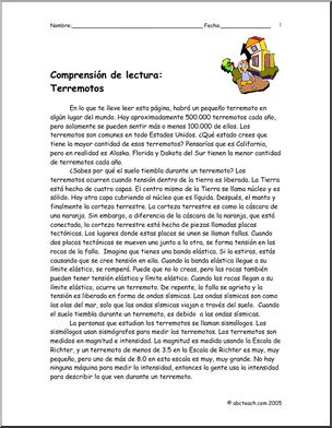 ComprensiÃ›n de texto: Los terremotos #1 (elementaria) – Abcteach