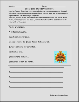 Spanish: Ideas para escribir cuentos de AcciÃ›n de Gracias. (Secundaria ...