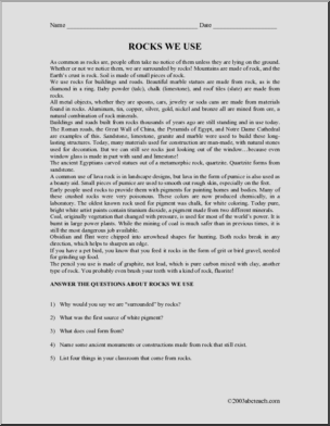 Comprehension: Rocks (upper elem) – Abcteach