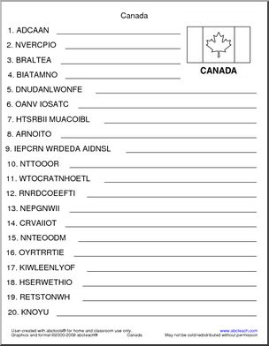 Unscramble the Words: Canada – Abcteach