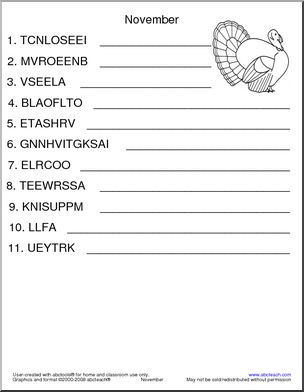 Unscramble the Words: November – Abcteach