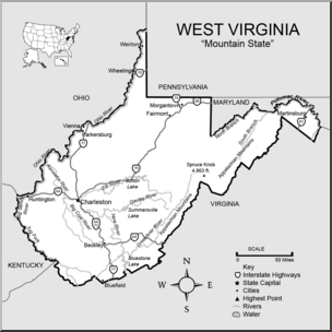 Clip Art: US State Maps: West Virginia Grayscale Detailed – Abcteach