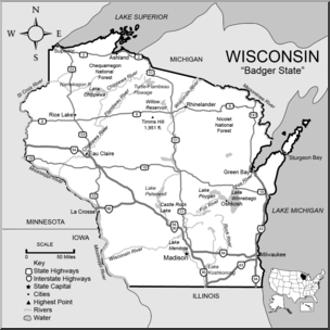 Clip Art: US State Maps: Wisconsin Grayscale Detailed – Abcteach