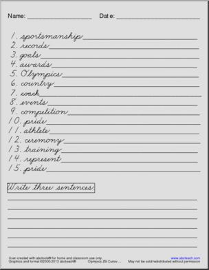 Olympics: Spelling Word List – ZB Cursive Font (elem-upper el) – Abcteach