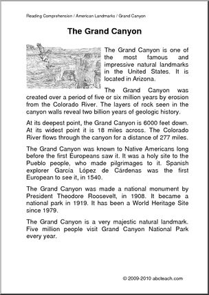 Comprehension: World Landmark – Grand Canyon (elem/upper elem) – Abcteach