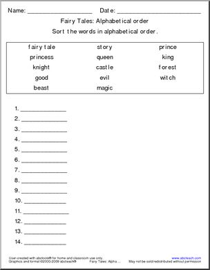 Fairy Tale Words (write on lines) ABC Order – Abcteach