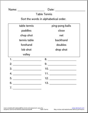 Table Tennis Terminology ABC Order – Abcteach