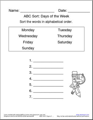 Days of the Week ABC Sort – Abcteach