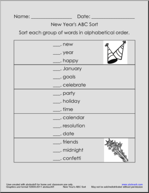 New Year’s (Vocabulary) ABC Sort – Abcteach