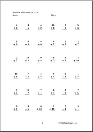 Worksheet: Addition – with sums up to 20 (set 2) – Abcteach