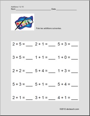 French: Math–Additions avec 0, 1, 2 – Abcteach