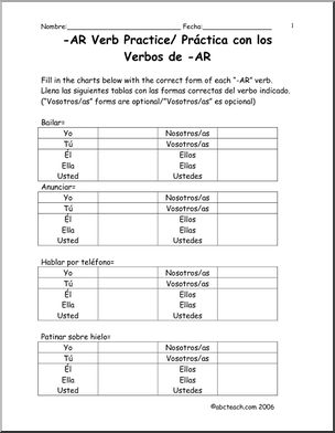 Spanish: Spanish 1 – Examencito de verbos “AR” 1 (secundaria) – Abcteach