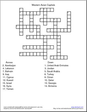 Crossword: Asia – Western Capitals – Abcteach