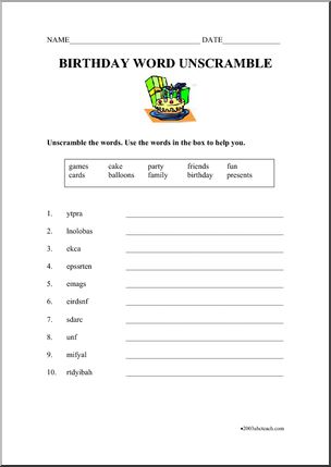 Unscramble the Words: Birthdays – Abcteach