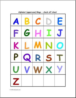 Bingo Cards: Alphabet (uppercase, color) – check sheet – Abcteach