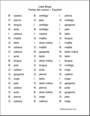 Bingo de las Partes del Cuerpo – Abcteach